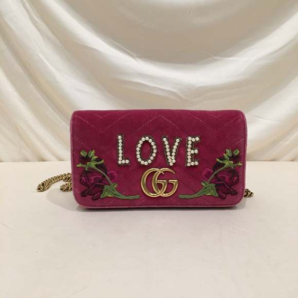 Gucci | Bags | Gucci Pink Velvet Marmont Mini Love Pearl Crossbody Bag ...